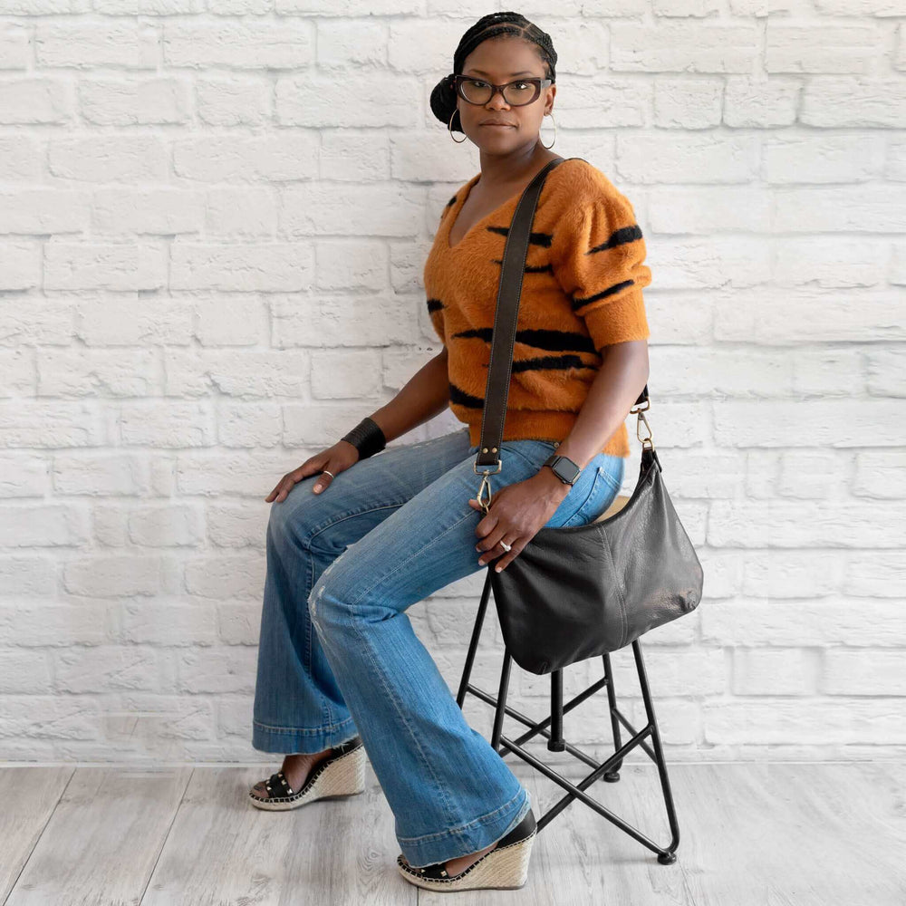 crossbody hobo bag, Black Italian leather, made in USA