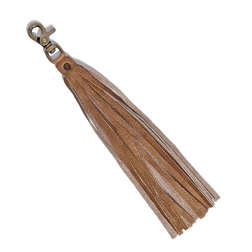 Long Black Leather Bag Tassel or key Fob, Golden Tan, USA